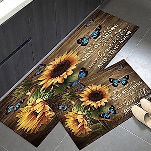 Kitchen Mats and Rugs 2 Pieces Cushioned Anti-Fatigue Floor Mat Sunflower Non-Slip Kitchen Rug Bathroom Mat Doormat Carpet Comfort Mat for Kitchen Floor Home Office Sink 17.5"X29"+17.5"X59" Brown