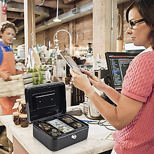 KYODOLED Medium Cash Box with Money Tray,Small Safe Lock Box with Key,Cash Drawer,7.87"x 6.30"x 3.54" Black Medium