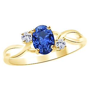 AFFY Simulated Blue Sapphire & White CZ Engagement Ring in 14k Yellow Gold Over Sterling Silver (0.88 cttw) Ring Size-4