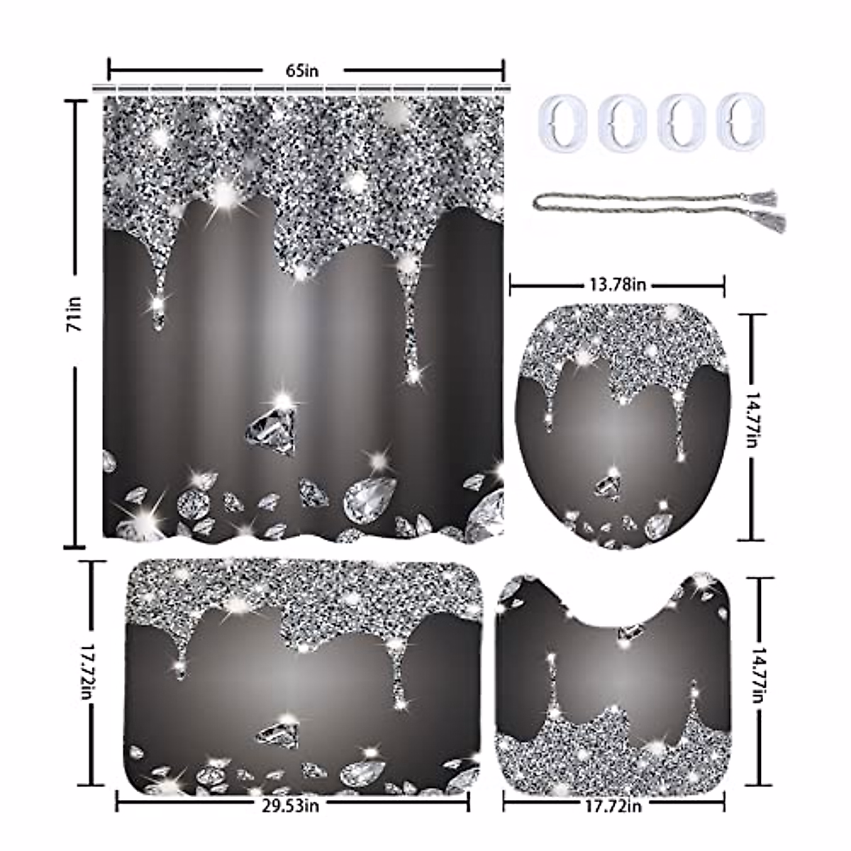 Mightree 4 PCS Bathroom Shower Curtain Set, 71 x 65 inch Waterproof Fabric Bathroom Curtain with 12 Hooks, Toilet Lid Cover and Bath Mat, Non-Slip Rug Foot mat, Gray Diamond