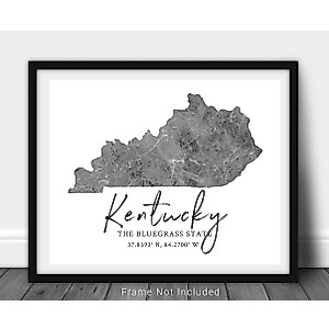 Kentucky State Map Wall Art Print - 8x10 Silhouette Decor Print with Coordinates. Makes a Great Bluegrass State-Themed Gift. Shades of Grey, Black & White.