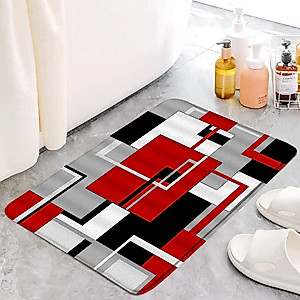 YOZSLGU Abstract Geometric Bath Mat Modern Red Gray Black White Mid Century Minimalist Fashion Memory Foam Bathroom Kitchen Rug, 15.7 x 23.6 Inch