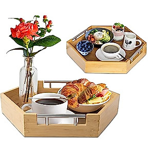 Comfify Honeycomb Serving Trays with Handles – Set of 2 Bamboo Hexagon Nesting Trays – Large, and Small Trays Set for Food, Ottoman Décor & More – Modern Trays for Breakfast -Natural