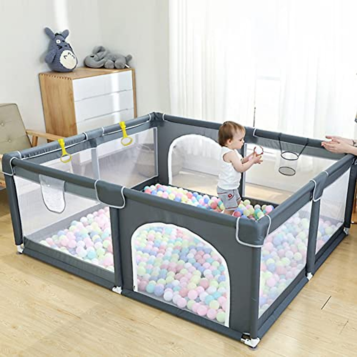 71x59in Large Baby Playpen- Play Yard for Babies Toddlers- Portable Baby Fence Indoor with Door- Anti-Fall Activity Center with Ocean Balls Pull Rings Storage Bag