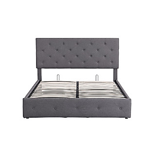FANYHOME Queen Size Upholstered Platform Bed Frame with Storage, Queen Bed Frame with Gas Lift Up Storage, Wooden Queen Storage Bed with Tufted Headboard and Hydraulic Storage System,Grey