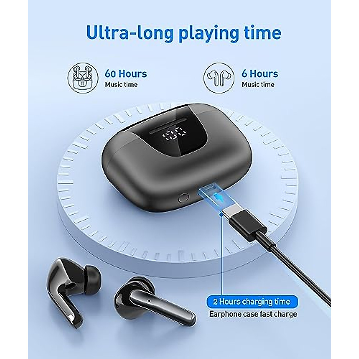 Vtkp Bluetooth Headphones True Wireless Earbuds 60H Playback LED Power Display Earphones with Wireless Charging Case IPX7 Waterproof in-Ear Earbuds with Mic for TV Smart Phone Computer Laptop Sports