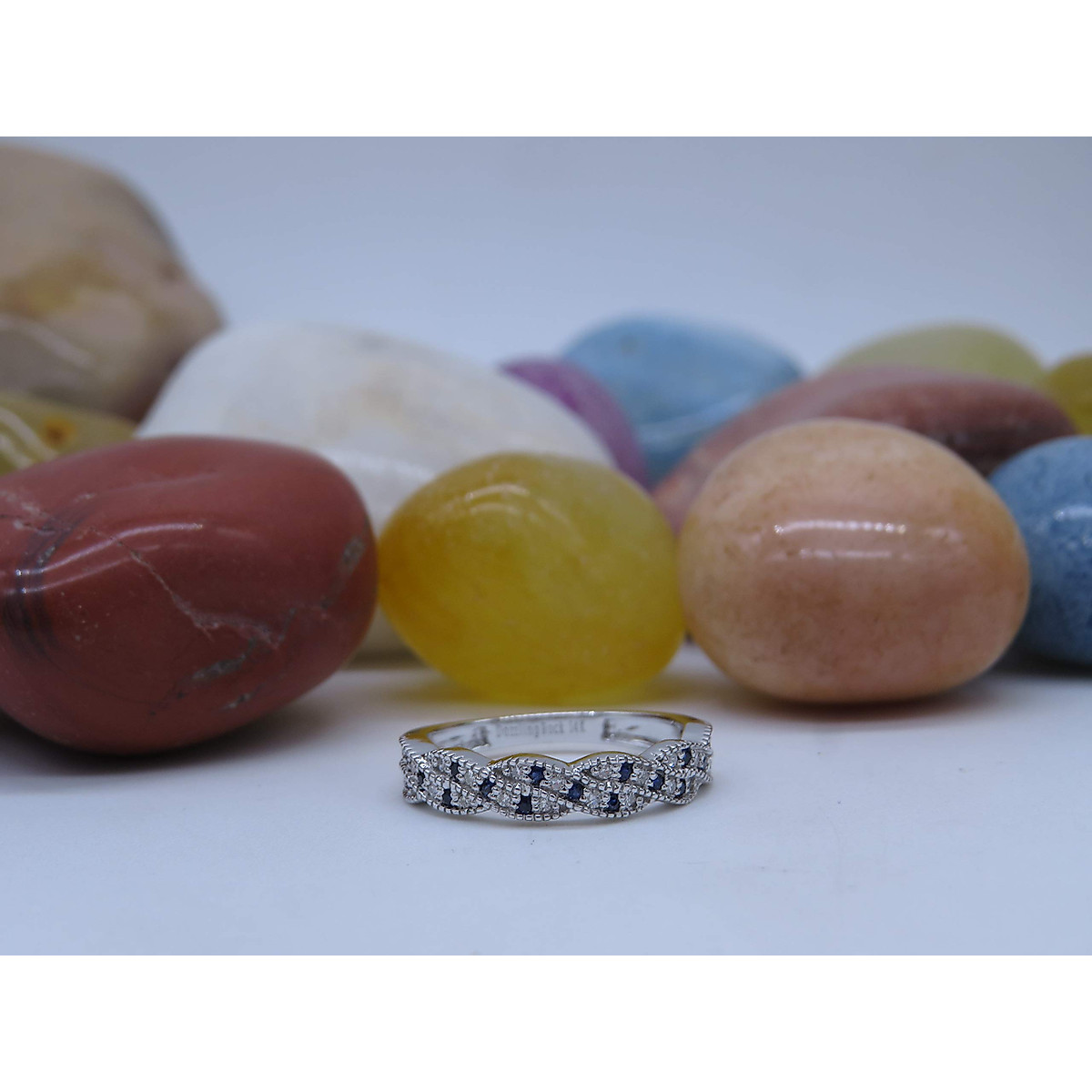 Dazzlingrock Collection 10K Round White Diamond & Blue Sapphire Women Anniversary Wedding Band Swirl Ring, White Gold, Size 7