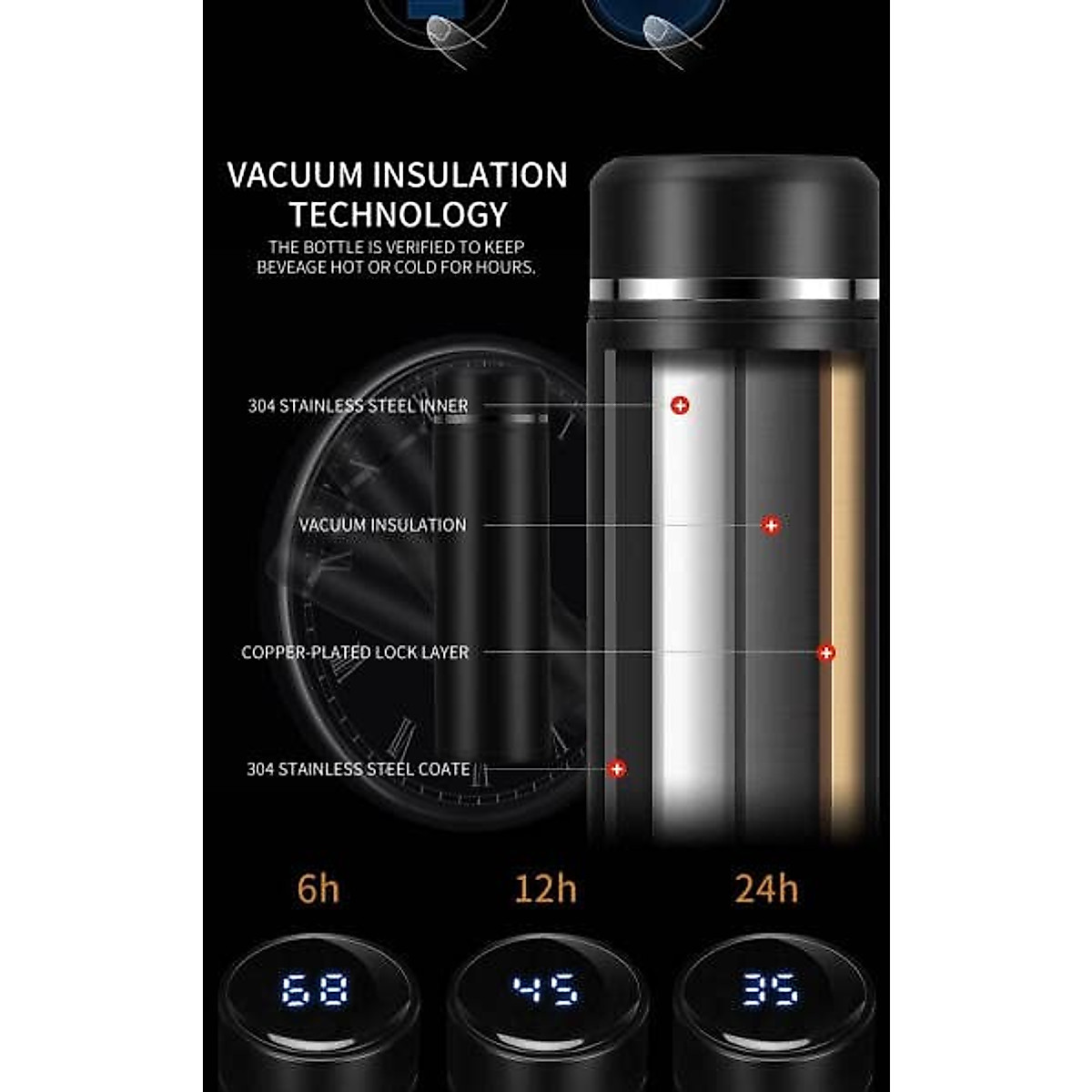 16oz Thermos Stainless Steel Double Wall Vacuum Flask Smart Water Bottle with LED Screen for Temp (Red)