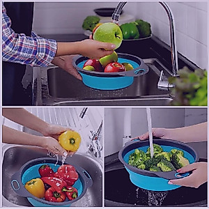Round Silicone Blue Colander Collapsible – Foldable Kitchen Strainer Small Collapsible Colander Blue with Plastic Handles for Draining Vegetable and Fruit Round Silicone Kitchen Strainer for Pasta