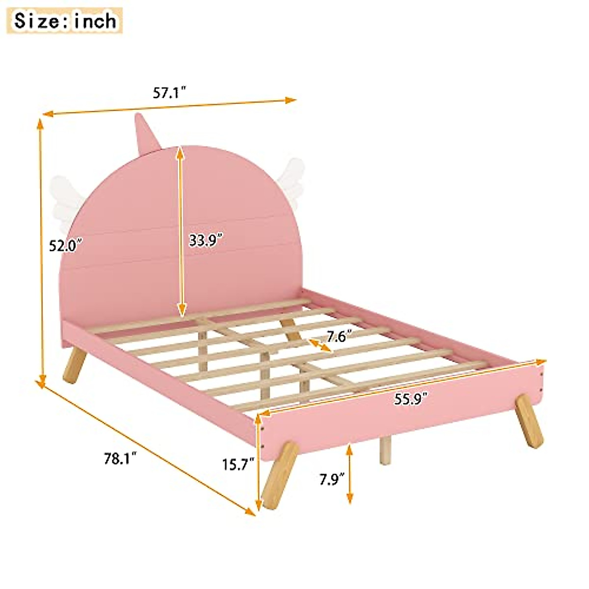 SOFTSEA Pink Full Bed Frame for Girls, Kids Cute Bed Frame Full Bed Frame with Headboard, Wood Platform Bed Frame for Kids, No Box Spring Needed Easy Assemble