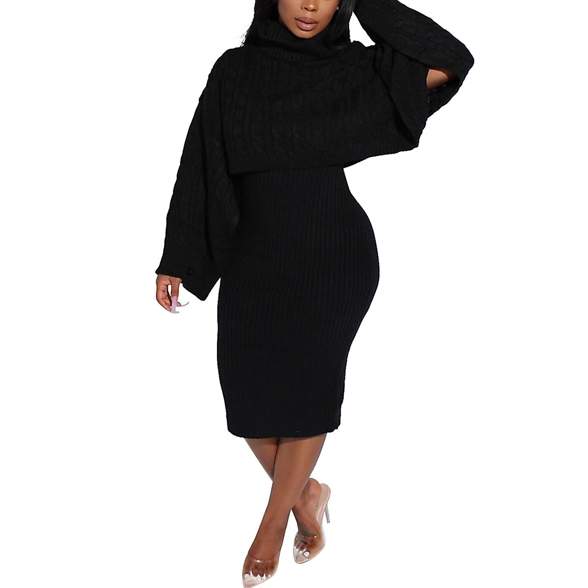 Famnbro Women's 2 Piece Winter Outfits Cable Knit Turtleneck Cropped Sweater Bodycon Midi Dress Sets