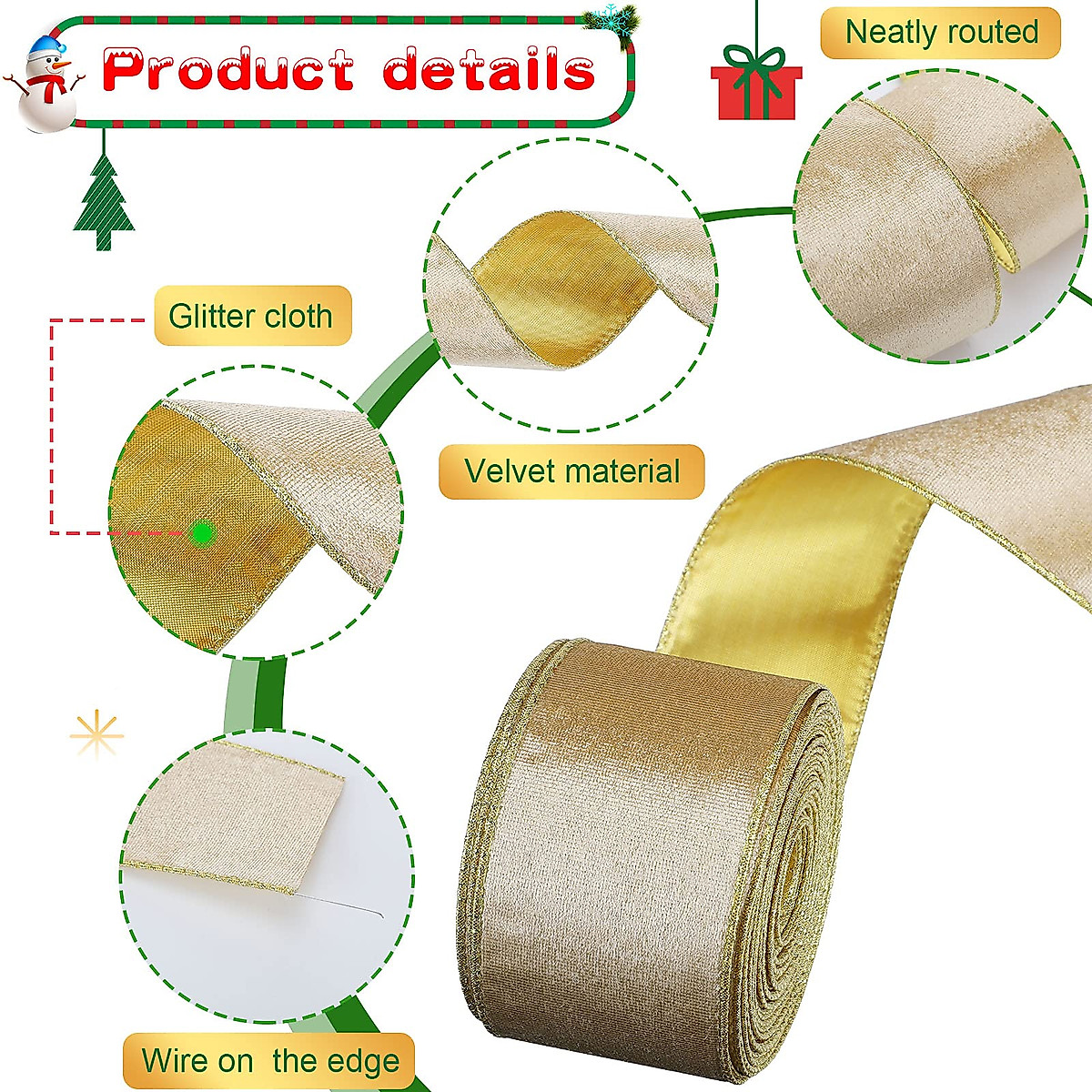 Christmas Velvet Ribbon Satin Ribbon Solid Color Wired Edge Ribbon Gold Trim Wrapping Ribbon Christmas Ribbon Decoration Soft Smooth Craft Ribbon for Bow Making (Gold, 2.5 Inch x 20 Yards)