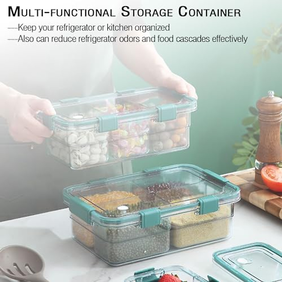 [Green]Air Tight Fresh Container,Divided Container Box with 4 Removable Boxes,Portable Travel Snack Containers,Food Storage Container with Vents Stay Fresh Containers,for Fruit Vegetable Salad Snack