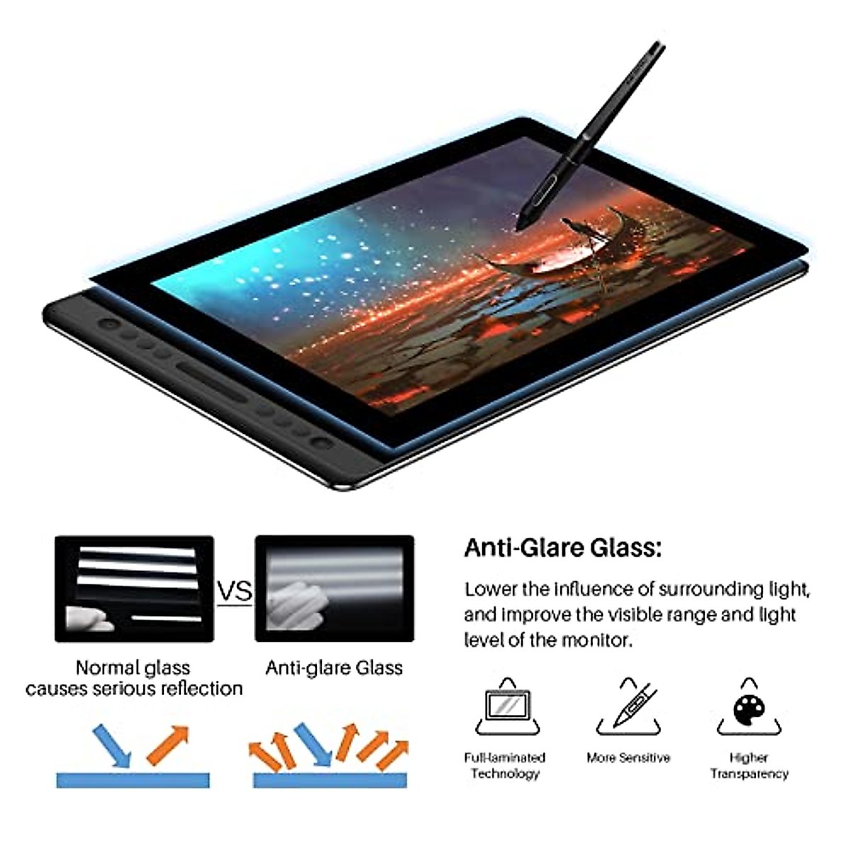 HUION KAMVAS Pro 16 Graphics Drawing Tablet with Screen Full-Laminated Tilt Battery-Free Stylus Touch Bar Adjustable Stand, Compatible with Windows, Mac and Linux, 15.6inch Pen Display Black