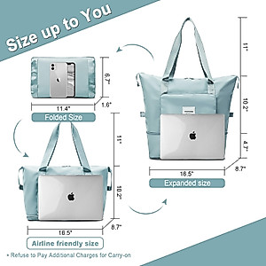 WOOMADA Foldable Travel Duffel Bag, Weekender Bags for Women, Tote Bag with Expandable Space, Carry on bags for airplanes with Wet Pocket & Trolley Sleeve, Gym Bag for Women, Lightweight (aquamarine)