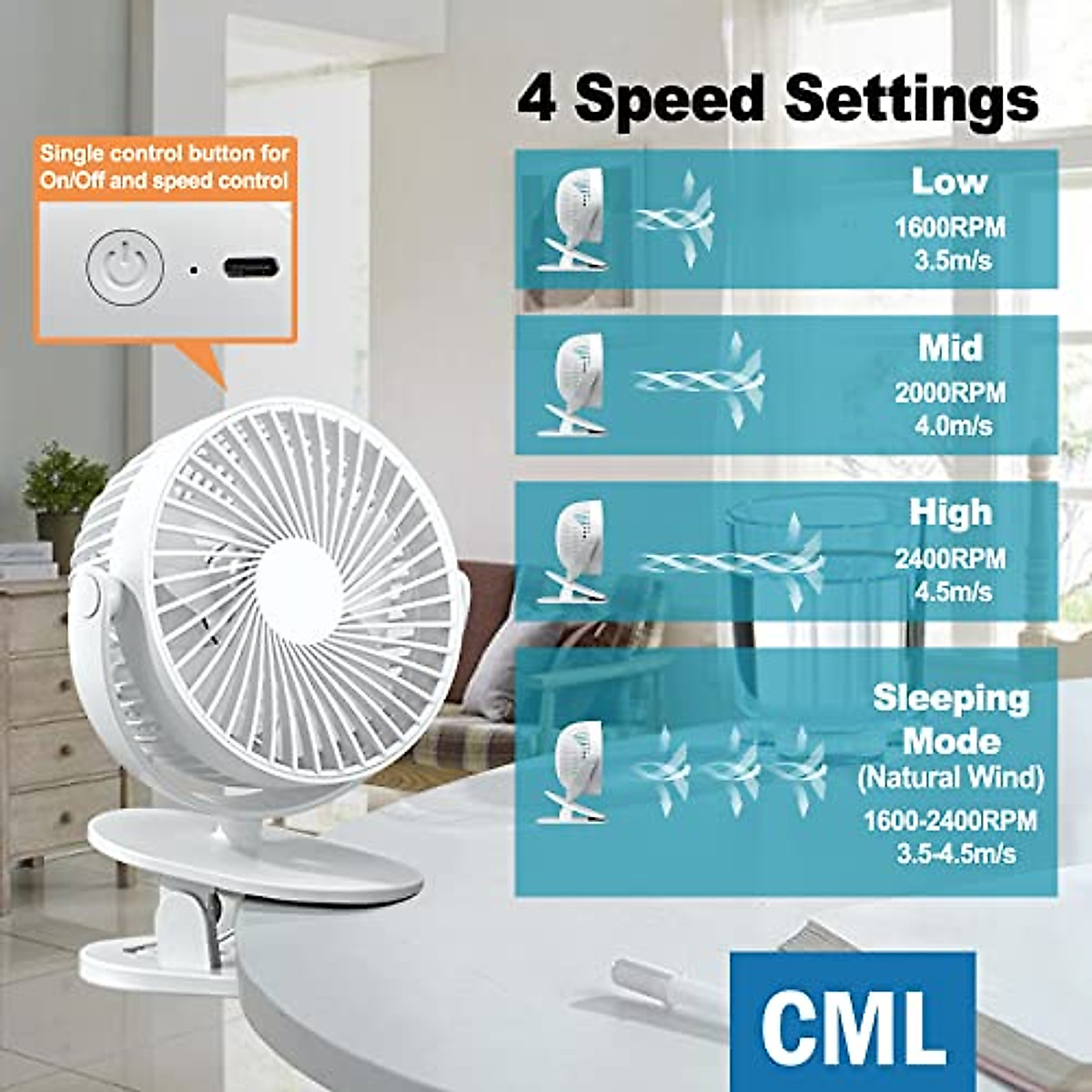 CML USB Desk Clip-On Fan, 5 Inch Mini Portable Cooling Table Fan with Sturdy Clamp, Quiet Personal Small Fan with 4 Speeds Brushless Motor, for Home, Office, Desktop, Camping, Travel, Car, White