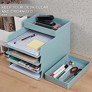 4 Tier Stackable Letter Tray File Organizer, Desktop Document File Tray Paper Sorter Organizer, Blue A4 Paper Organizer Tray for Home, Office, School