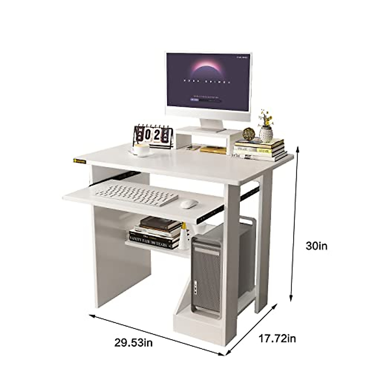 ALISENED Home Office Computer Desk with Monitor Stand Keyboard Tray, 29.5 Inch Study Writing Desk Small PC Laptop Table with Storage Shelves, Modern Workstation for Small Spaces Save Space