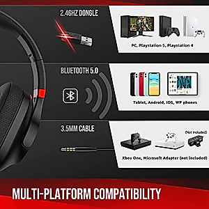 Picun 2.4Ghz/Bluetooth Wireless Gaming Headset for PC, PS5, PS4, Bluetooth Headphones with Retractable Noise-Cancelling Microphone, Soft Memory Foam Over-Ear Headsets for Cell Phone, Laptop, Computer