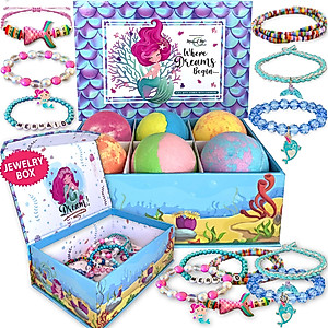 Mermaid Bath Bombs for Girls with Jewelry Inside Plus Jewelry Box for Kids. All Natural and Organic - Easter Basket for Girls Bath Bombs, Skin moisturizing Bubble Bath Fizzies with Surprise Toys