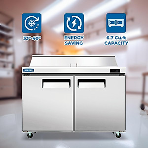 Foster 48" Commercial Refrigerator Sandwich & Salad Prep Table Stainless Steel 2 Door 6.7 Cu.ft - Refrigerated Food Prep Station with 12 Pans for Commercial Kitchen, Restaurant, Bar - 115V 60Hz