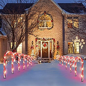 walsport Christmas Candy Cane Pathway Lights Markers Holiday Walkway Lights Outdoor Ornaments Garden Stakes Set of 12 for Yard Lawn Xmas Outside Decorations