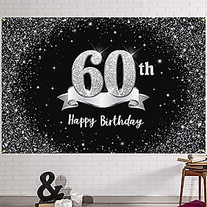 HAMIGAR 6x4ft Happy 60th Birthday Banner Backdrop - 60 Years Old Birthday Decorations Party Supplies for Women Men - Black Silver