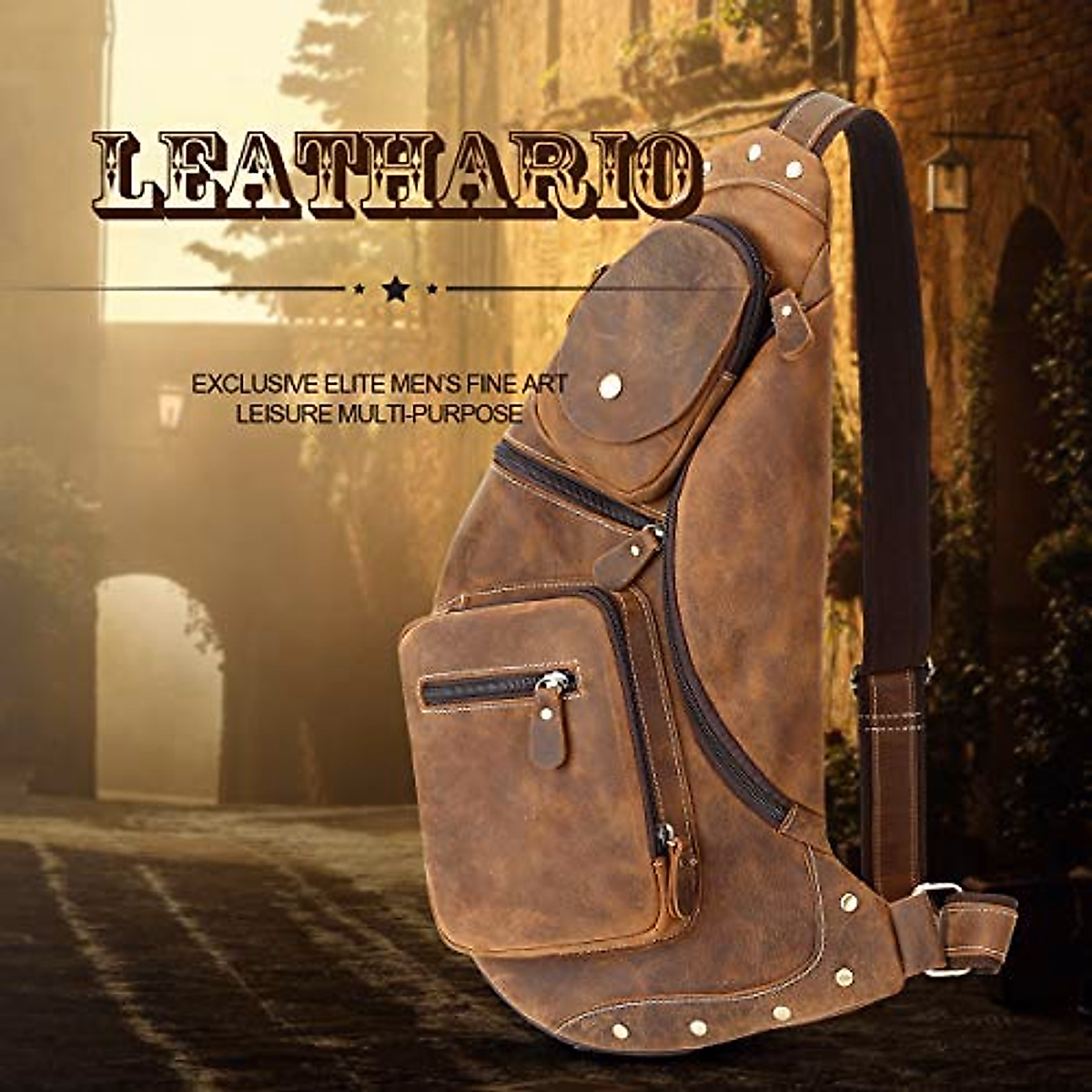 Leathario Men's Leather Sling Bag Chest Bag For Men Genuine Leather Crossbody Shoulder Bag Small Backpack For Works Casual