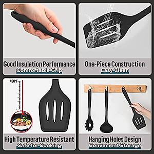Silicone Cooking Utensils Set, E-far 7-Piece Black Heat Resistant Kitchen Utensils Set, Kitchen Nonstick Tools Spatula Ladle Spoon Pasta Server for Non-stick Cookware, Non-Toxic & Dishwasher safe