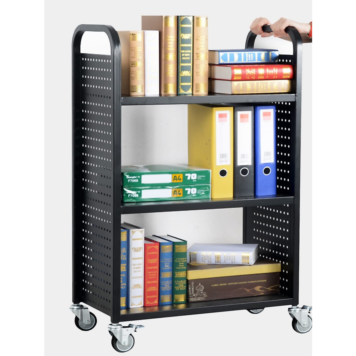 HHAA HA Library Rolling Book Cart with 3 Flat Shelves,Book Truck with Swivel Lockable Casters for Home,Office and School (Black)