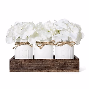 Mkono Mason Jar Centerpiece Decorative Wood Tray with 3 Painted Jars Farmhouse Kitchen Counter Decor for Coffee Table Dining Room Living Room Kitchen,White