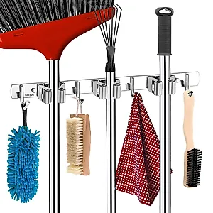 Zilvoran Mop And Broom Holder Wall Mount, Stainless Steel Mop Holder With Hooks, Brooms And Mops Tool Organizer For Closet Laundry Utility Room Garage (3 Racks & 4 Hooks)