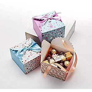 Hayley Cherie - Square Floral Gift Treat Boxes with Ribbons (20 Pack) - 5.8 x 5.8 x 3.7 inches - Thick 400gsm Card - For Cookies, Goodies, Candy, Parties, Christmas, Birthdays, Weddings (Standard)