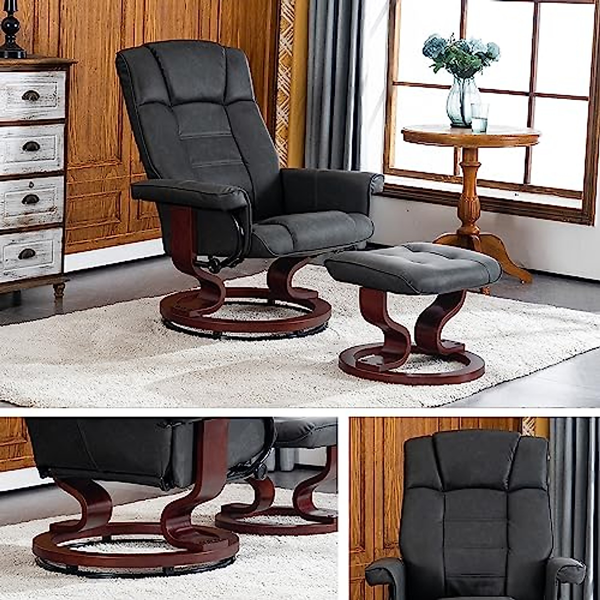 mcombo Swivel Recliner with Ottoman, Multi-Position Leisure Office Chair with Adjustable Back, Faux Leather Ergonomic Lounge Chairs w/Footrest for Bedroom Living Room 9019 (Dark Grey)