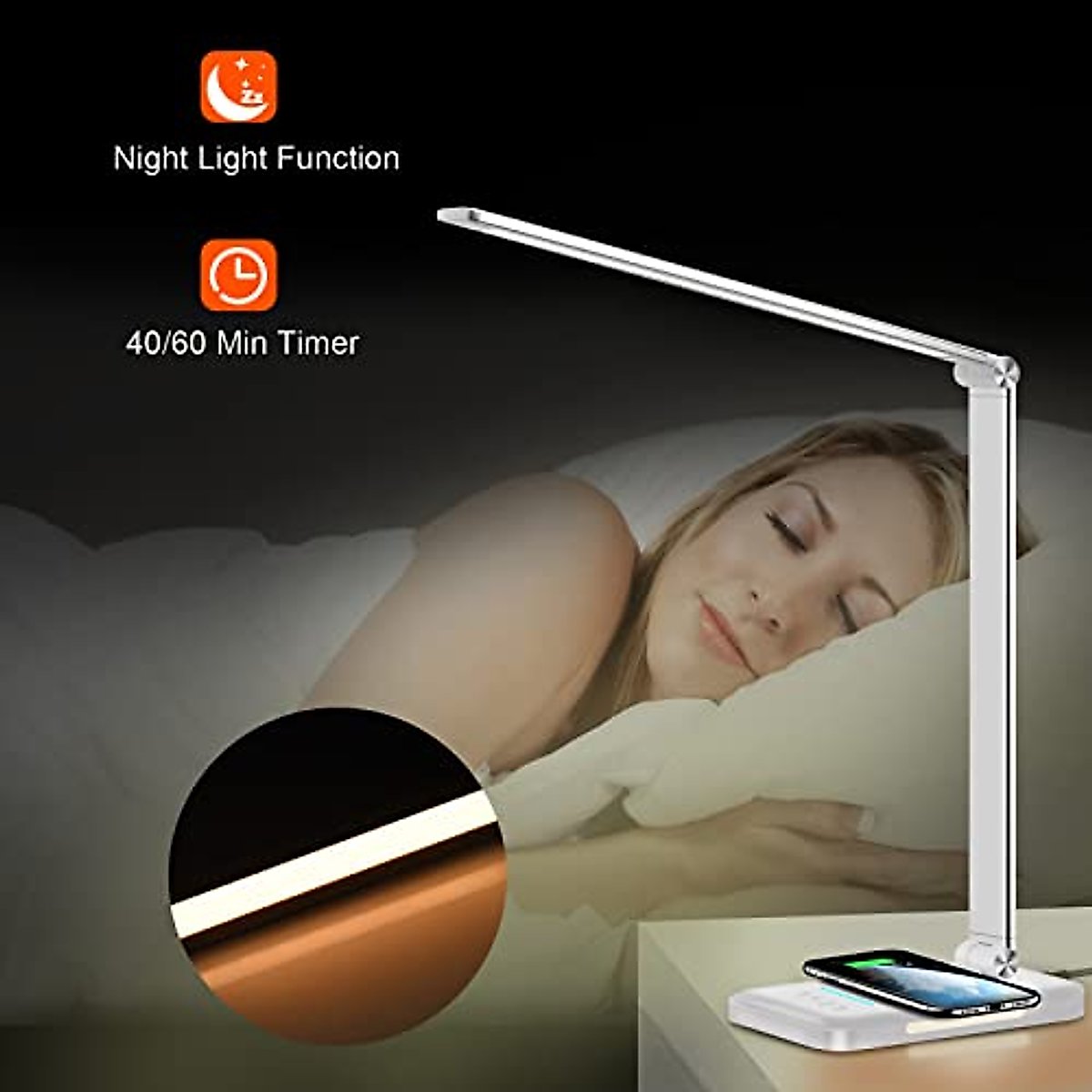 AFROG Multifunctional LED Desk Lamp with Wireless Charger, USB Charging Port, 5 Lighting Modes,5 Brightness Levels, Sensitive Control, 30/62 min Auto Timer, Eye-Caring Office Lamp with Adapter