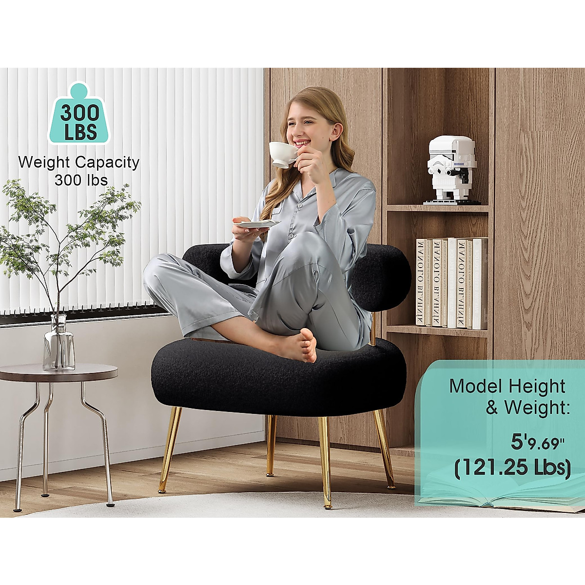 SEYNAR Mid Century Sherpa Boucle Accent Chair, Round Upholstered Barrel Arm Chair for Small Spaces, Fluffy Side Corner Sofa Chair for Living Room, Bedroom, Vanity, Office, Reading Nook(Black)