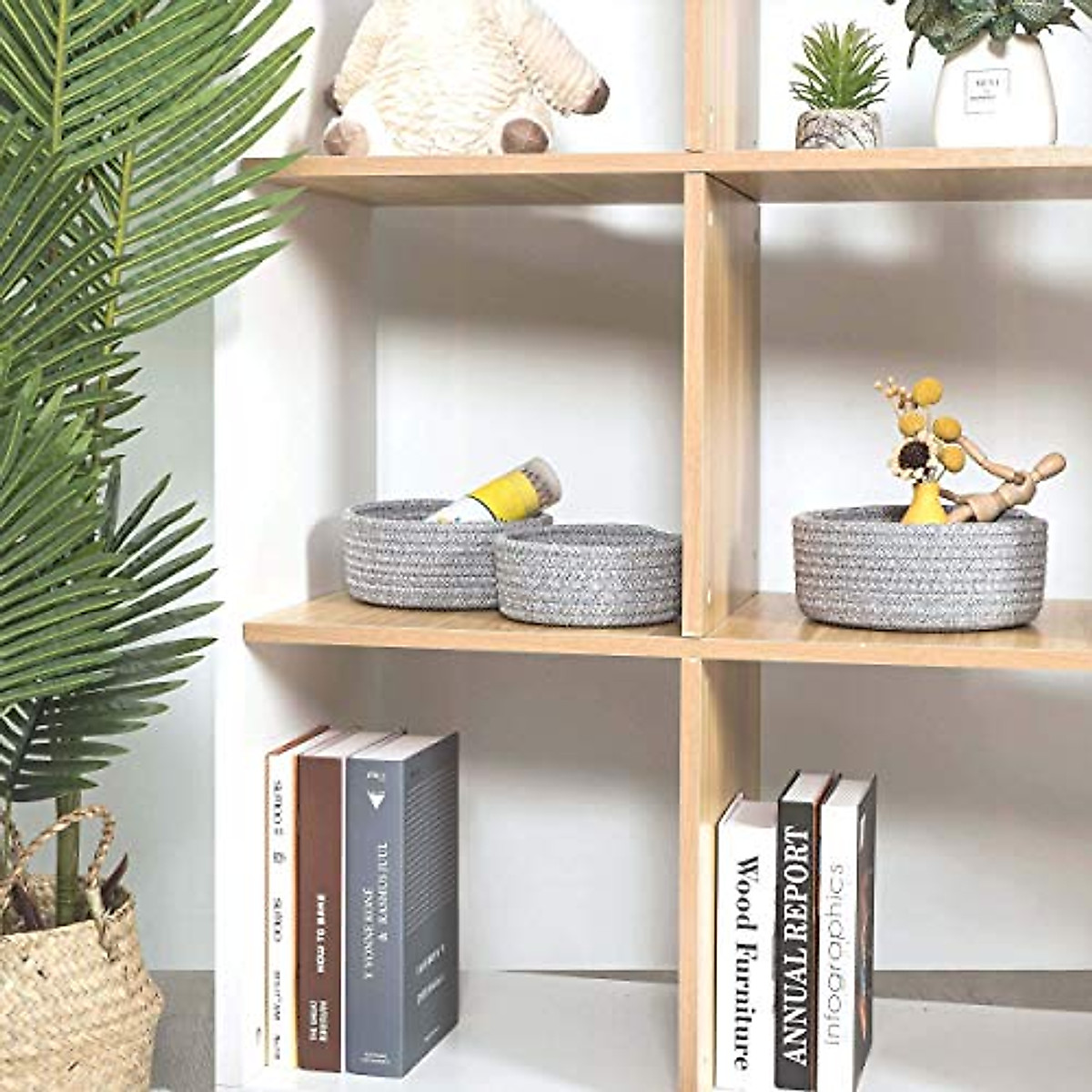 MINTWOOD Design Set of 3 Cotton Rope Nesting Bowls, Small Catch All Basket, Cute Closet Baskets and Bins for Shelves, Mini Table Basket Organizer for Small Accessories, Light Gray Mix