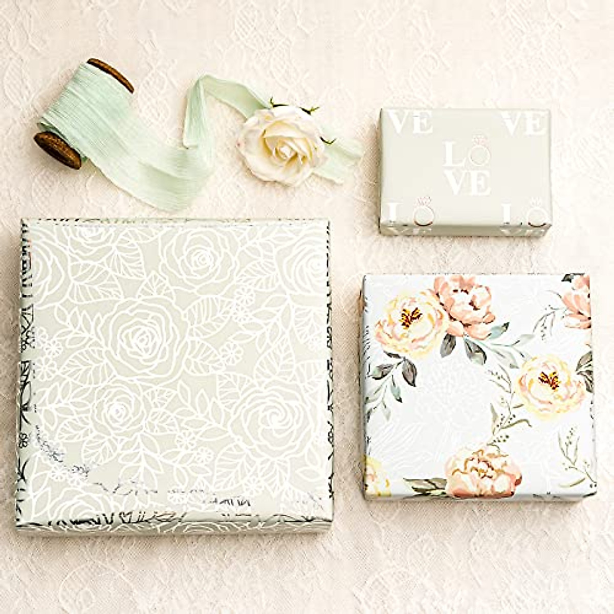 LeZakaa Silver Wrapping Paper Roll - Mini Roll - Flower & Love and Ring with Metallic Foil Design for Wedding, Engagement,Bridal Shower - 17 x 120 inches, 3 Rolls (42.5 sq.ft.ttl.)