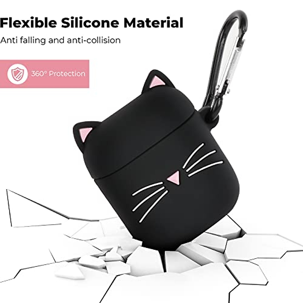 Megantree Cute Airpods Case, Airpods 2 Case, Black Whisker Cat Kitty Funny Kawaii 3D Cartoon Animals Full Protection Shockproof Soft Silicone Charging Case Cover with Keychain for Girl Women Kids