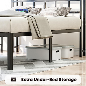YORMDMO Queen Bed Frame - Storage Headboard with Charging Station, Easy Assembly, Heavy Duty Metal Bed Frame, No Box Spring Needed, 18 Inch, Black