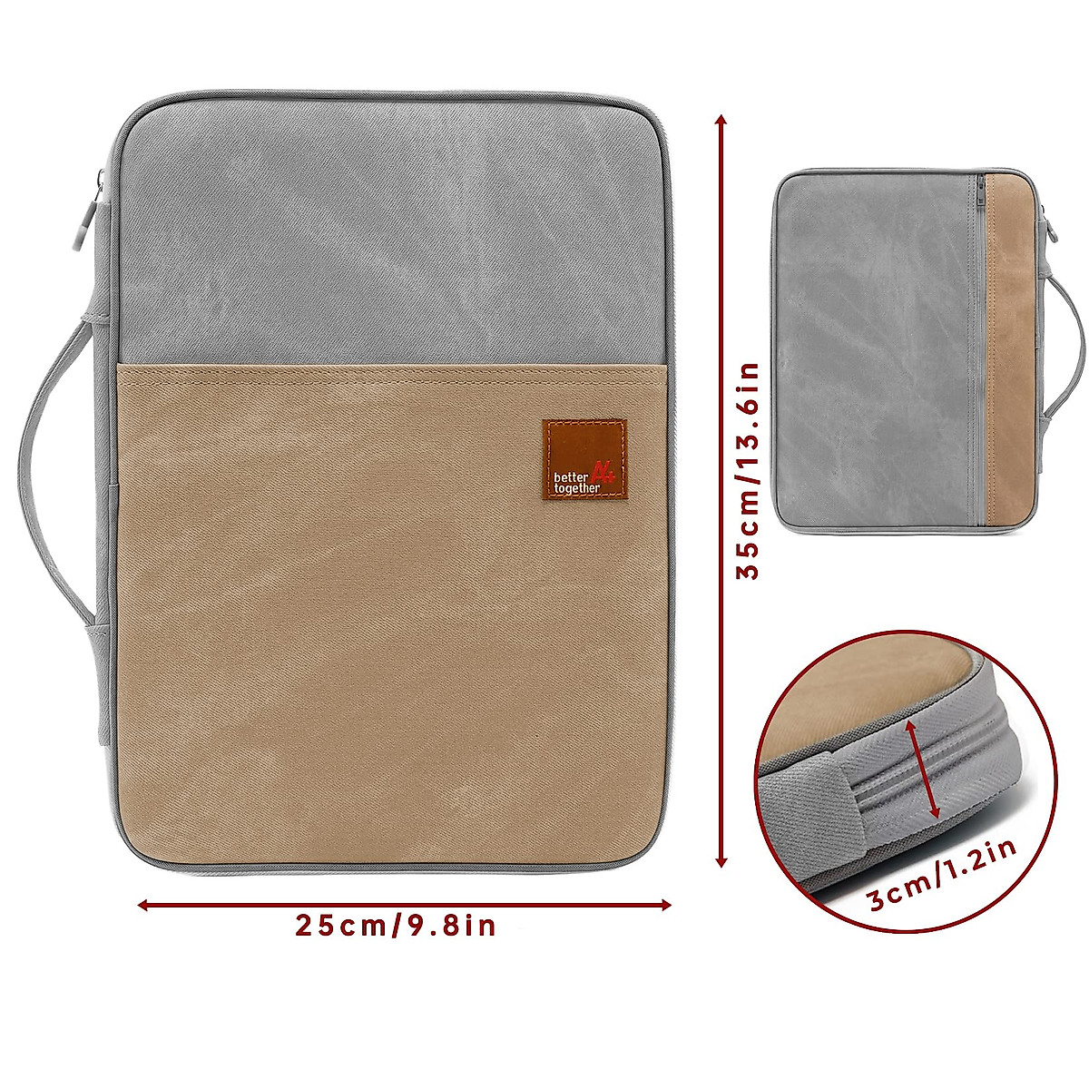 Mygreen Zipper Portfolio Organizer A4 Note Pouch-Waterproof Document Bags/Zipper Binder/Paper Case Khaki and Grey