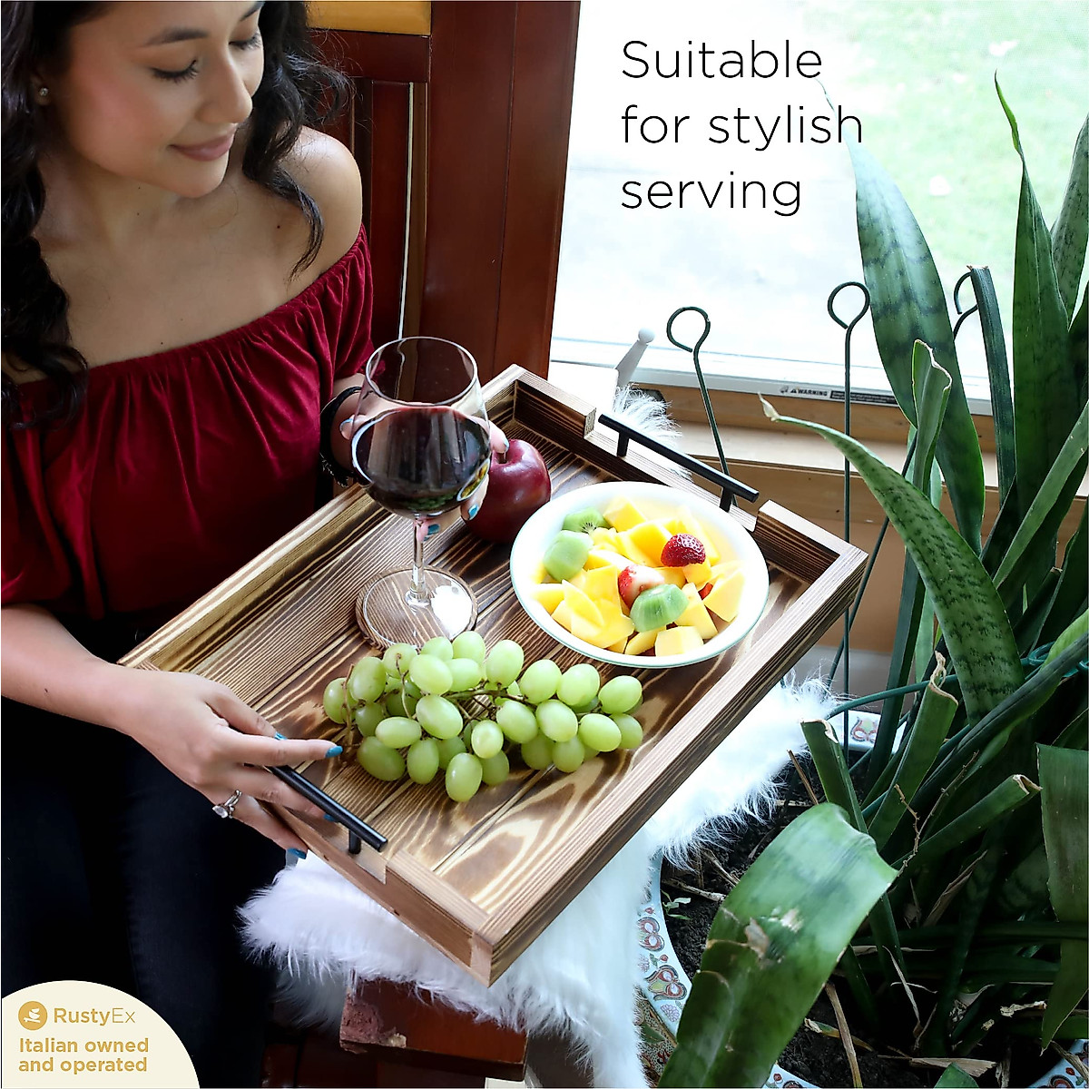 RustyEx Pine Wood Serving Tray - Metal Handles Rectangular Breakfast Tray 17x13x2 inches with Extra Bamboo Cutlery Sets, Rustic Coasters, Elegant Napkin Holders Good for Eating, Working, Storing