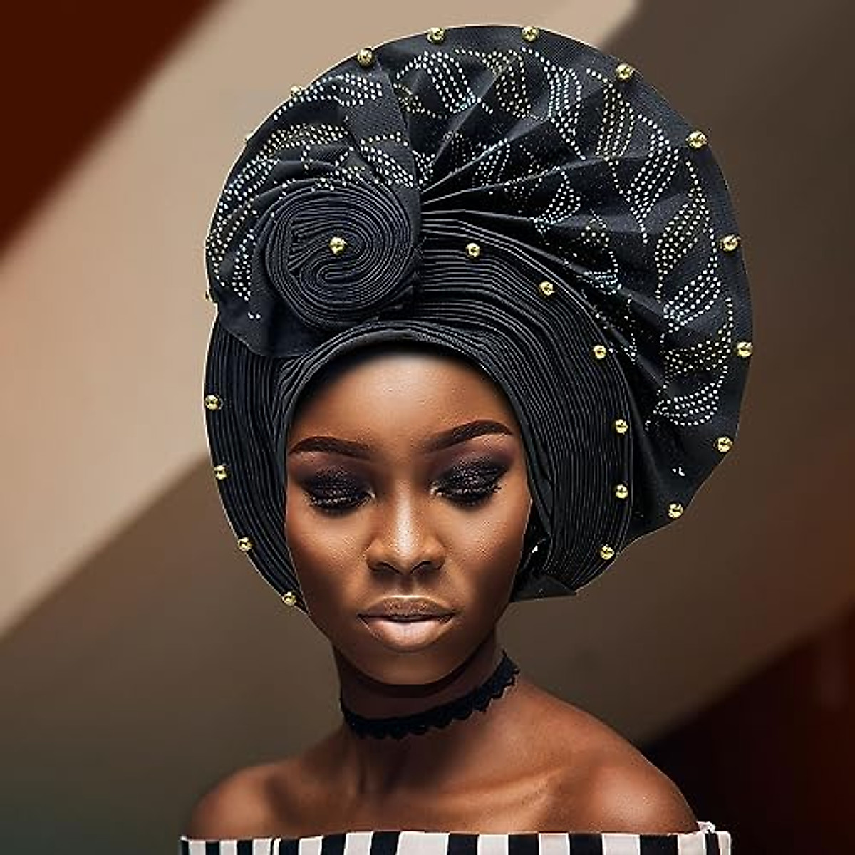 Nigerian Headtie African Head Wraps Already Made Auto Gele African Turban Cap For Party (Black)