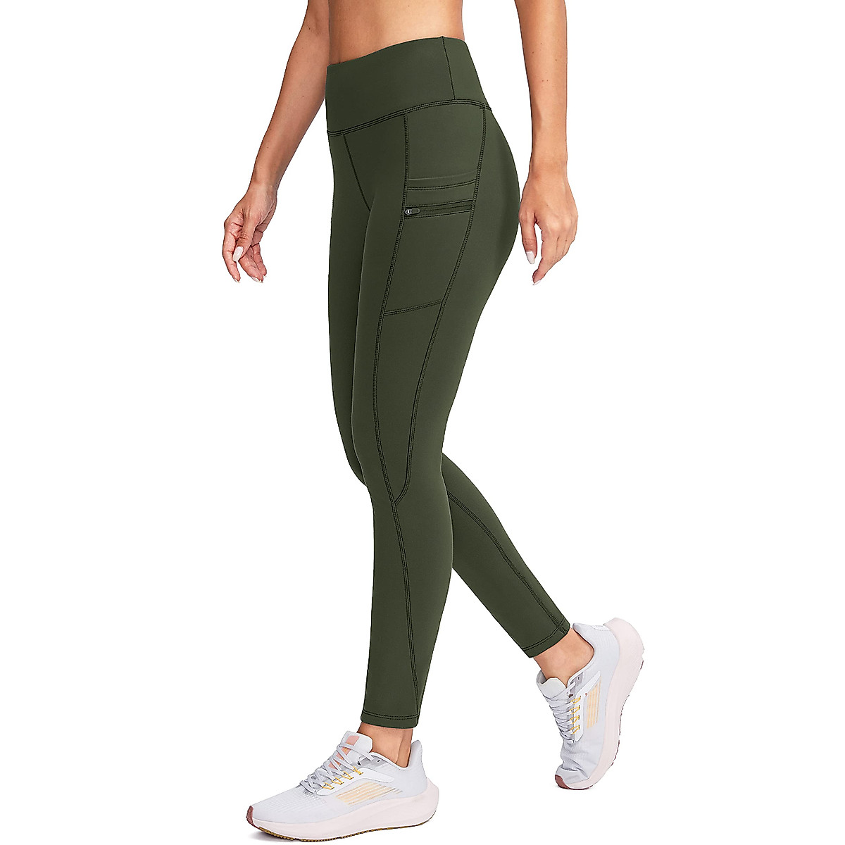 G Gradual Women's Fleece Lined Winter Leggings with Pockets Water Resistant High Waisted Thermal Warm Pants Running Hiking(Olive_Green,S)