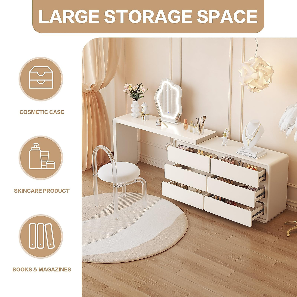 Guyii Makeup Vanity Set, Extendable Vanity Table with 6 Drawers, Modern Dressing Table with LED Makeup Mirror and Chair, Girl's Dresser, Bedroom Dresser