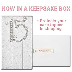 15 Cake Topper - Premium Silver Metal - 15th Birthday or Anniversary Party - Sparkly Rhinestone Quinceanera Cake Topper Decoration Makes a Great Centerpiece - Now Protected in a Box