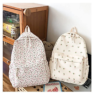 CHERSE Cute Laptop Backpack, Floral College Aesthetic Kawaii Backpack, Back to School Shoulders Bookbag with Bear Accessories (Small Floral)
