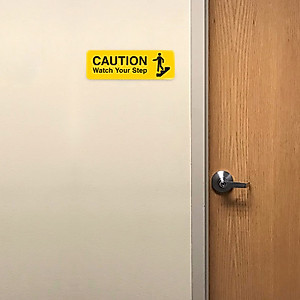 Excello Global Products Caution Watch Your Step Sign: for Business Restaurants Offices Indoor Outdoor Use Easy to Mount Informative Plastic Sign with Symbols 9” x 3”, Pack of 3 (Yellow)