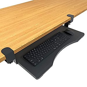 Ergonomic Under Desk Keyboard Tray with Curved Design, C-Clamp Mount, Smooth Sliding Rails, and Durable Steel Construction for Comfortable and Efficient Workstation