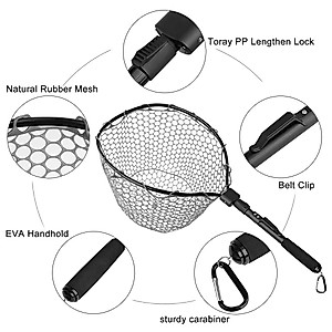 AIKENR Folding Fishing Net, Fly Fishing Landing Net Soft Rubber Safe Catch and Release, Aluminum Alloy Frame and Comfortable EVA Handle with Sturdy Carabiner